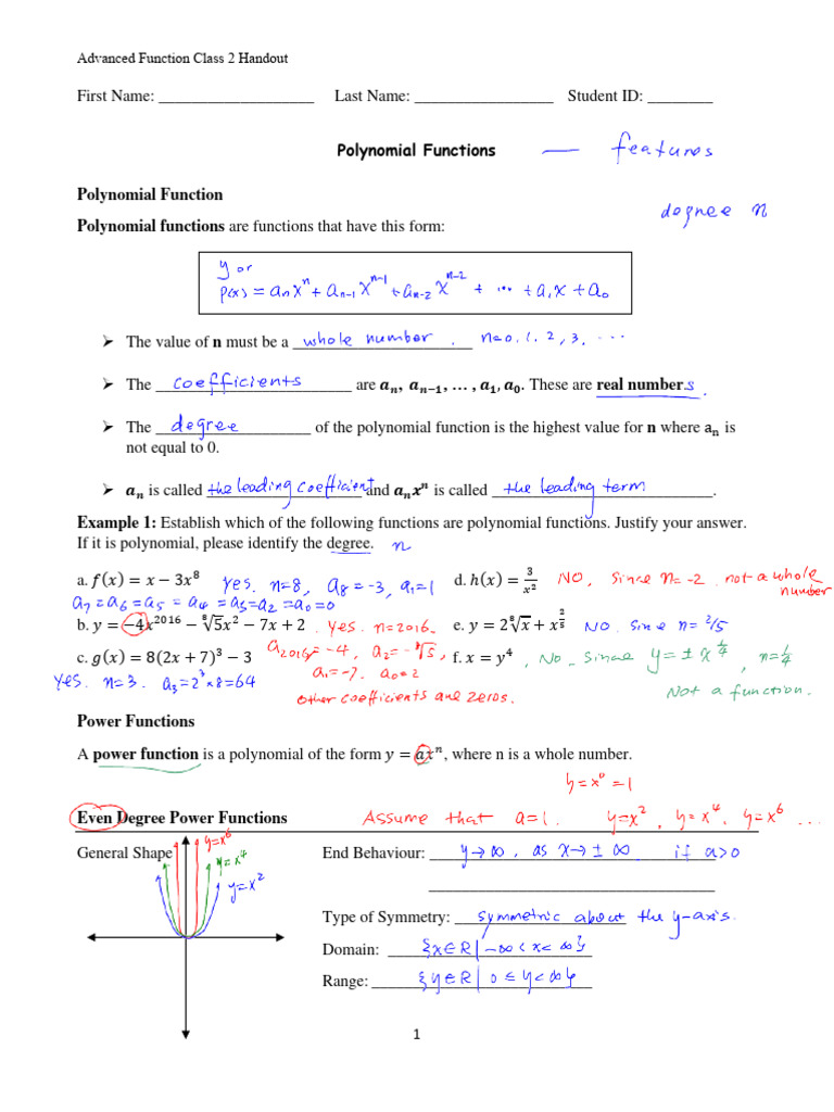 Class 02 AdvancedFunctions HandoutSOL | PDF | Function (Mathematics) | Polynomial