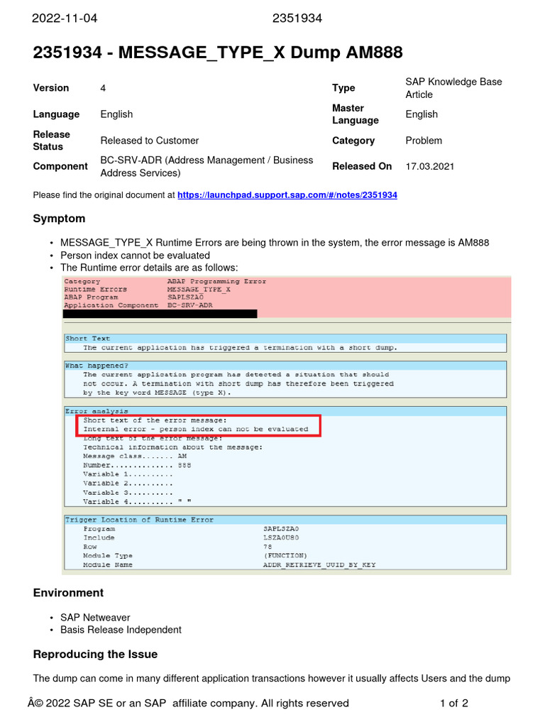 MESSAGE - TYPE - X Dump AM888: Symptom | PDF | Database Index | Databases