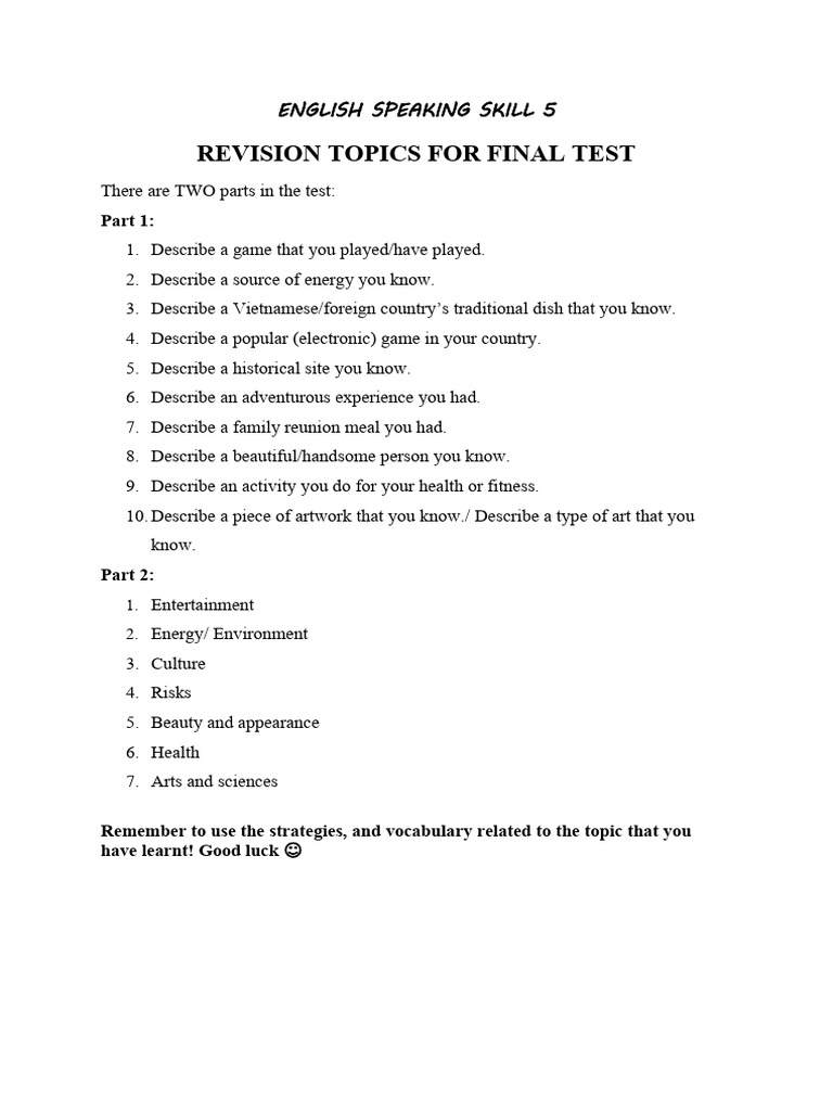 Revision Topics For Final Test | PDF