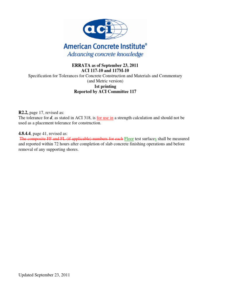 ACI 117 - 10 Specification For Tolerances of Concrete Construction and Materials Errata 1 | PDF