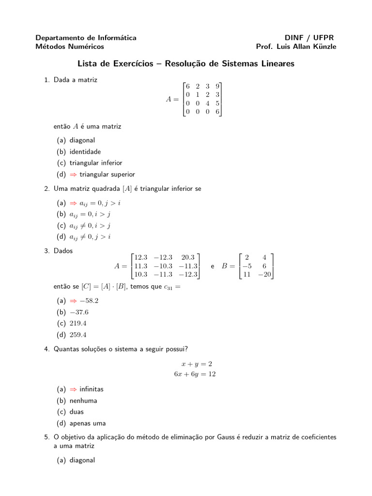 3 Sistemas Lineares Gabarito | PDF | Sistema de equações lineares ...