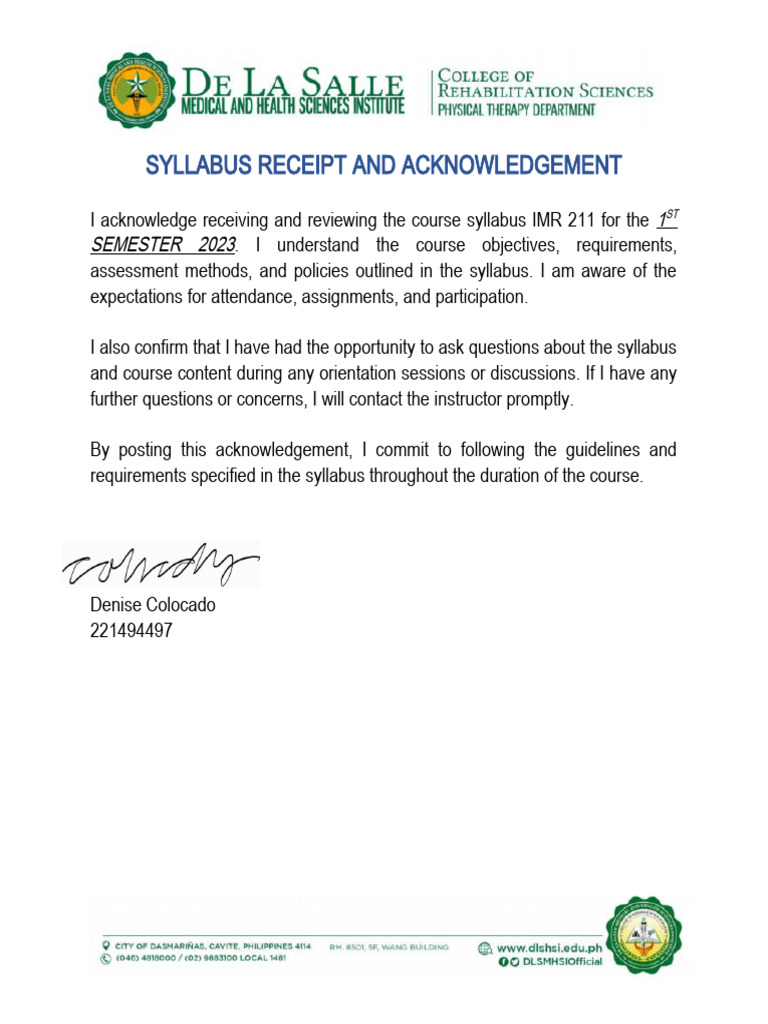 Syllabus Receipt and Acknowledgement Template | PDF | Career & Growth