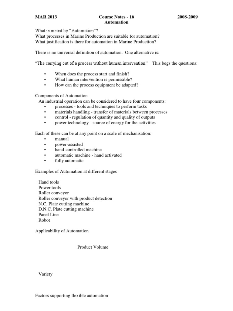MAR 2013 Course Notes - 16 2008-2009 Automation | PDF | Automation | Robot