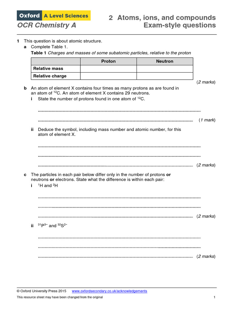 Exam Questions on Atomic Structure | PDF | Sodium Bicarbonate | Atoms