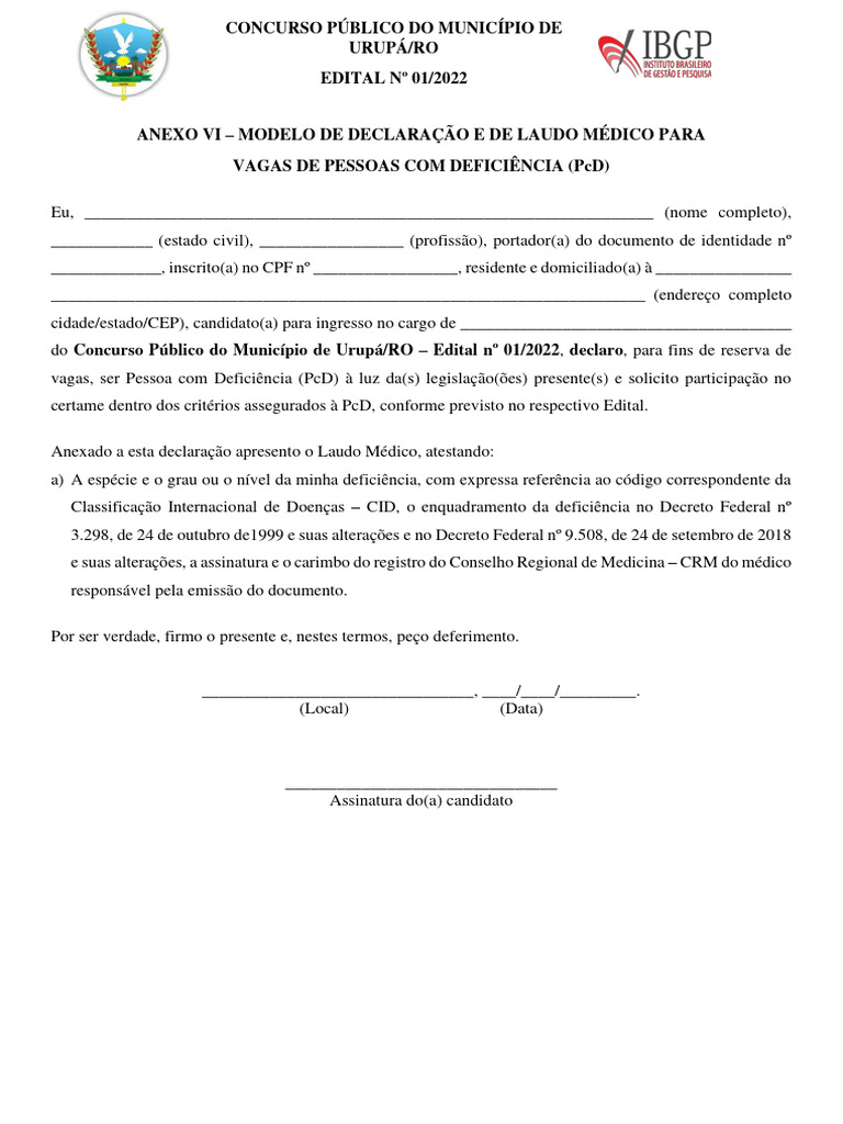 ANEXO VI - Modelo Do Atestado Médico para A Vaga de Pessoa Com ...