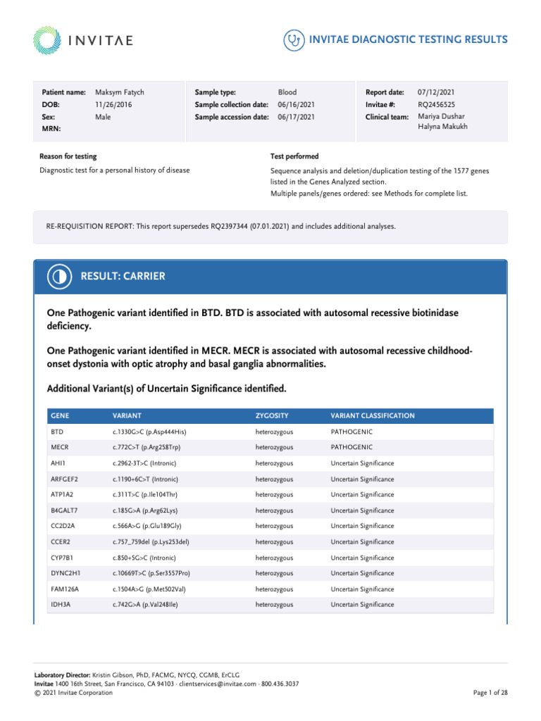 Result: Carrier: Invitae Diagnostic Testing Results | PDF | Rna ...