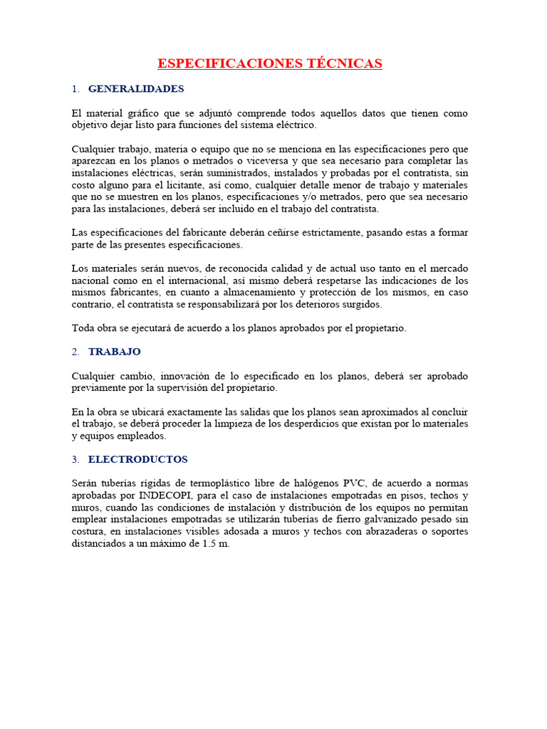 Especificaciones Tecnicas | PDF | Tubería (transporte de fluidos) | Enchufes y tomas de ...