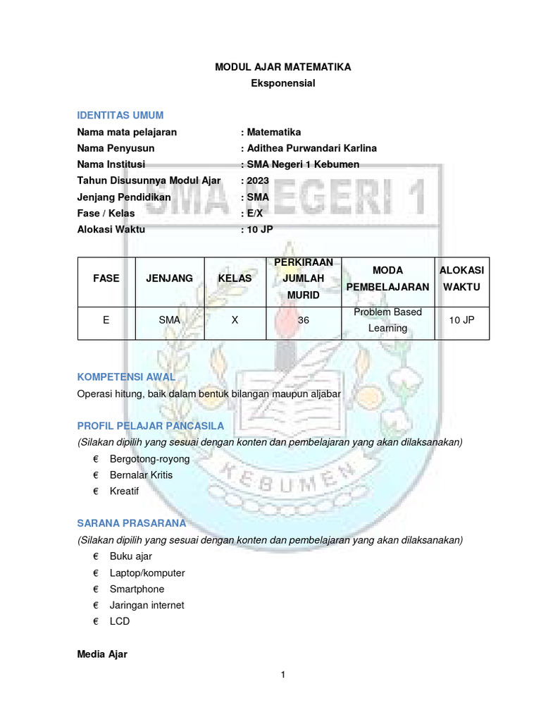 MATEMATIKA - Modul Ajar Eksponen - E | PDF