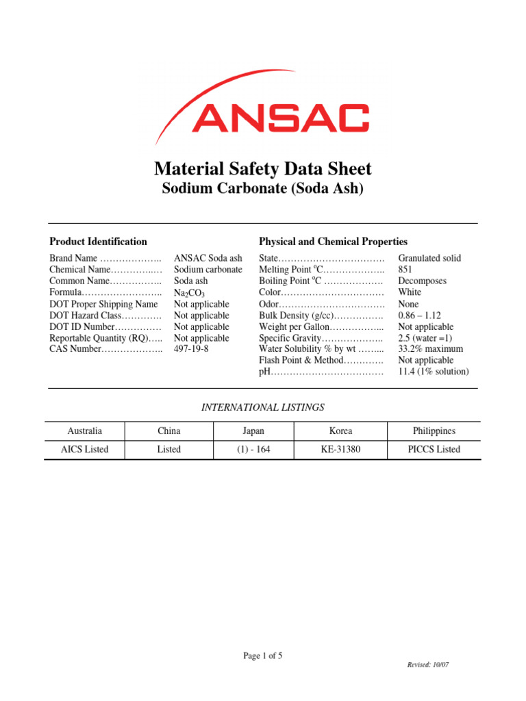 Msds ANSAC | PDF | Sodium Carbonate | Sodium Hydroxide