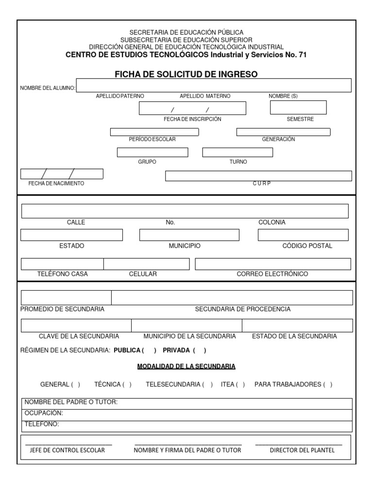 Ficha Solicitud Nuevo Ingreso Cetis 71 1 | PDF