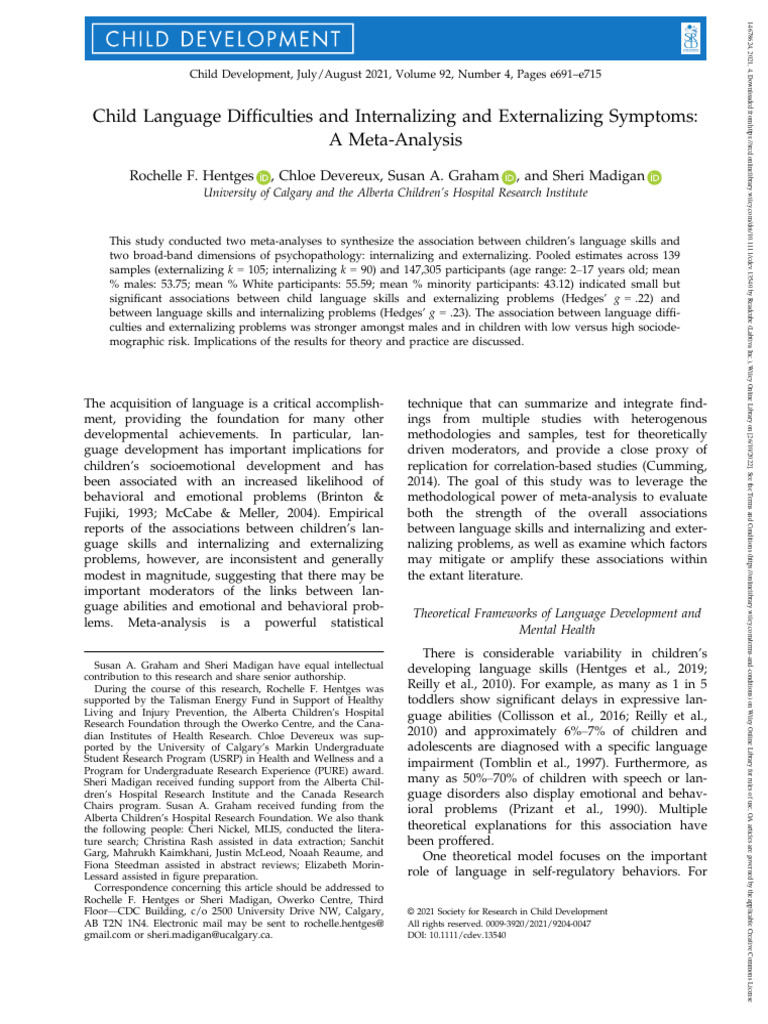 Child Language Difficulties and Internalizing and Externalizing Symptoms METAANALISIS | PDF ...