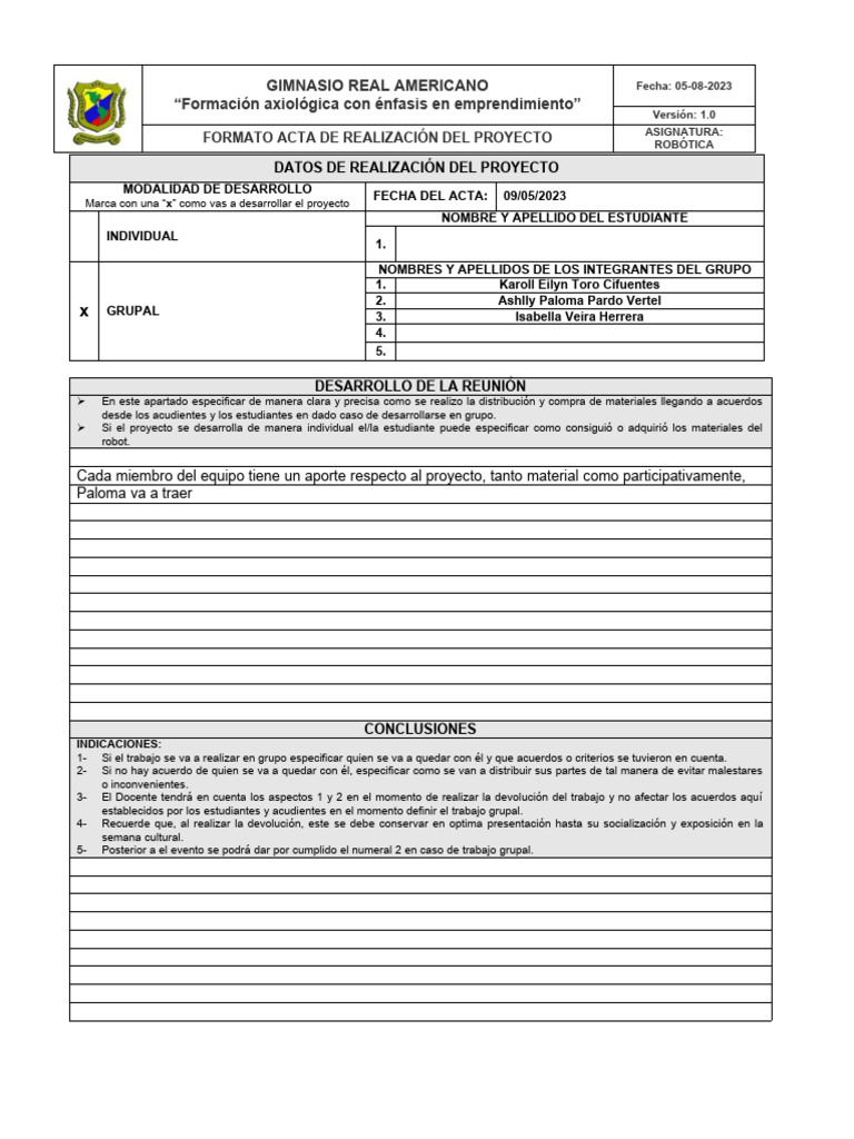 FORMATO_DE_ACTA___PROYECTO_DE_ROB_TICA avances (1) | PDF