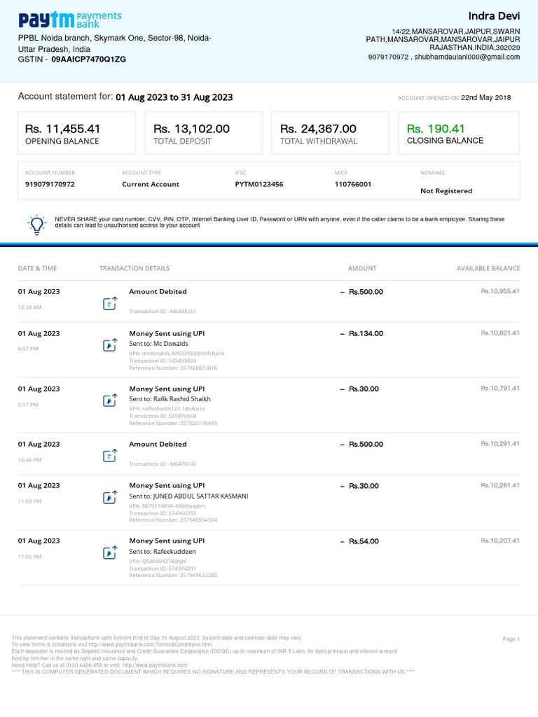 August 2023 Paytm Bank Account Statement | PDF | Deposit Account ...