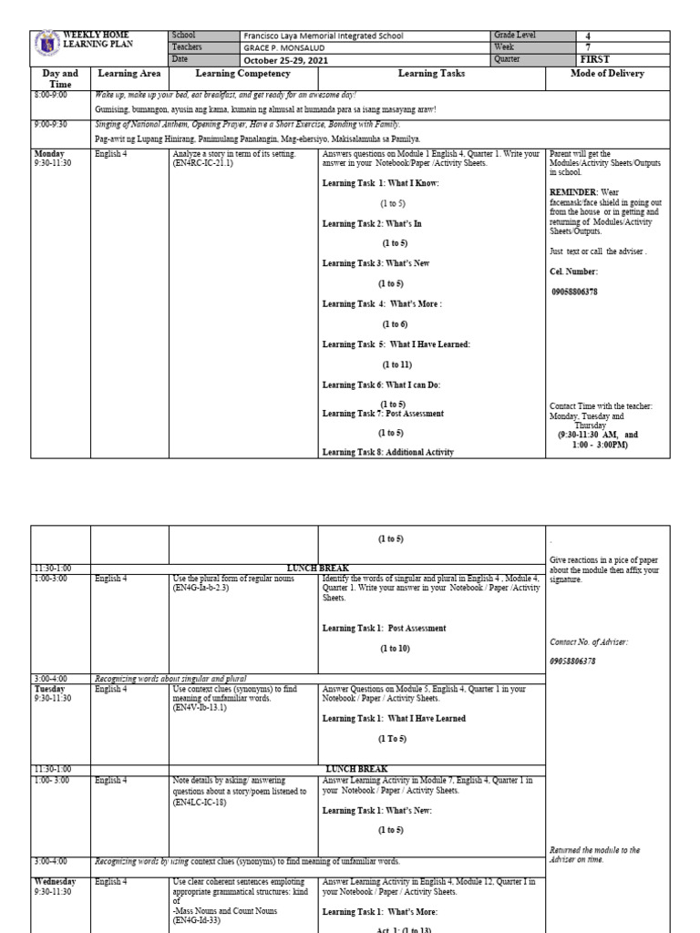 WHLP Grade 4 Q1 English | PDF | Word | English Language