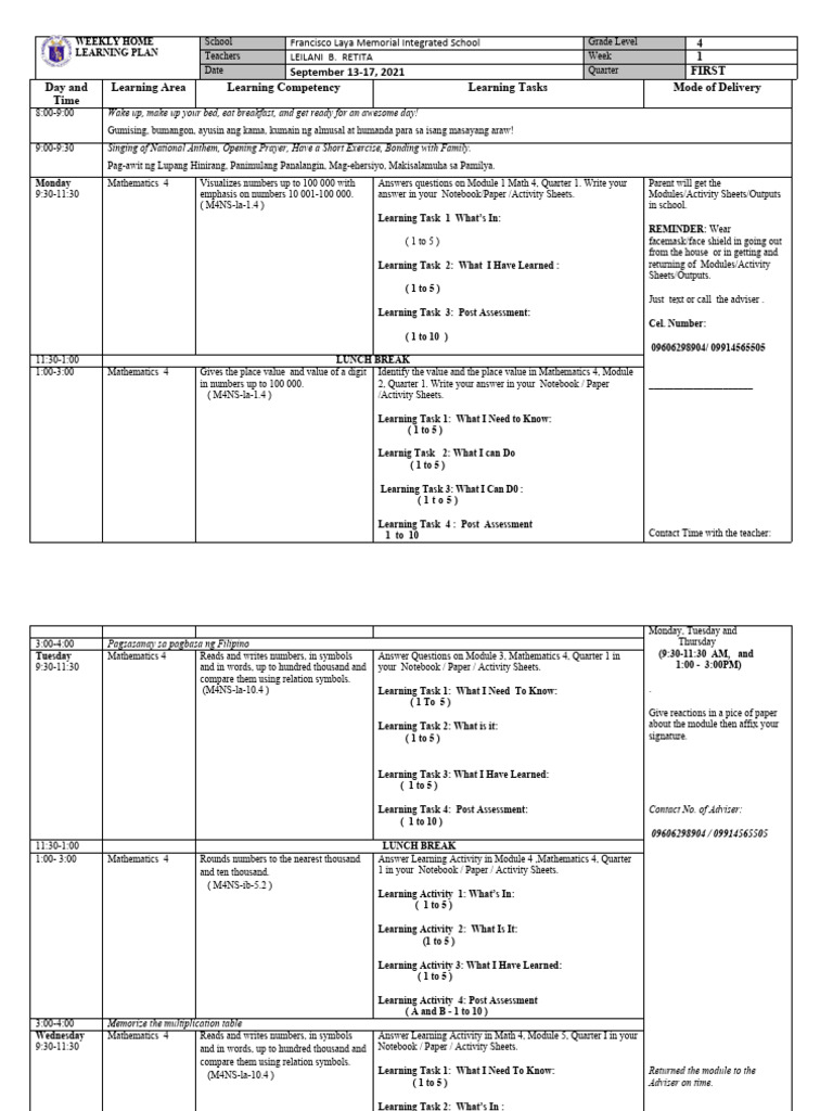 WHLP Grade 4 Q1 MATHEMATICS | PDF | Division (Mathematics) | Elementary Mathematics