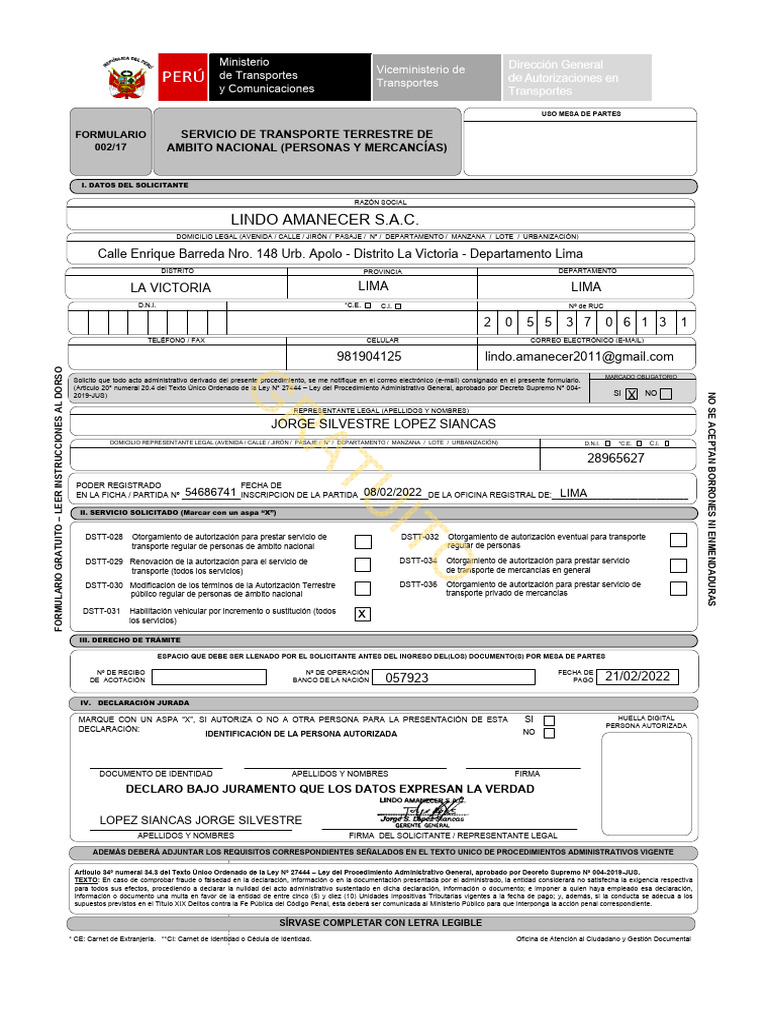 Formulario 002-07 Ministerio de Transporte | PDF