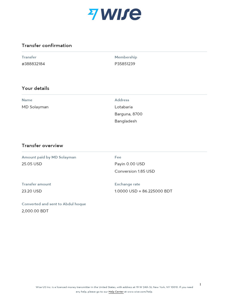 Wise Transaction Invoice Transfer 388832184 313310423 en | PDF | Banks ...