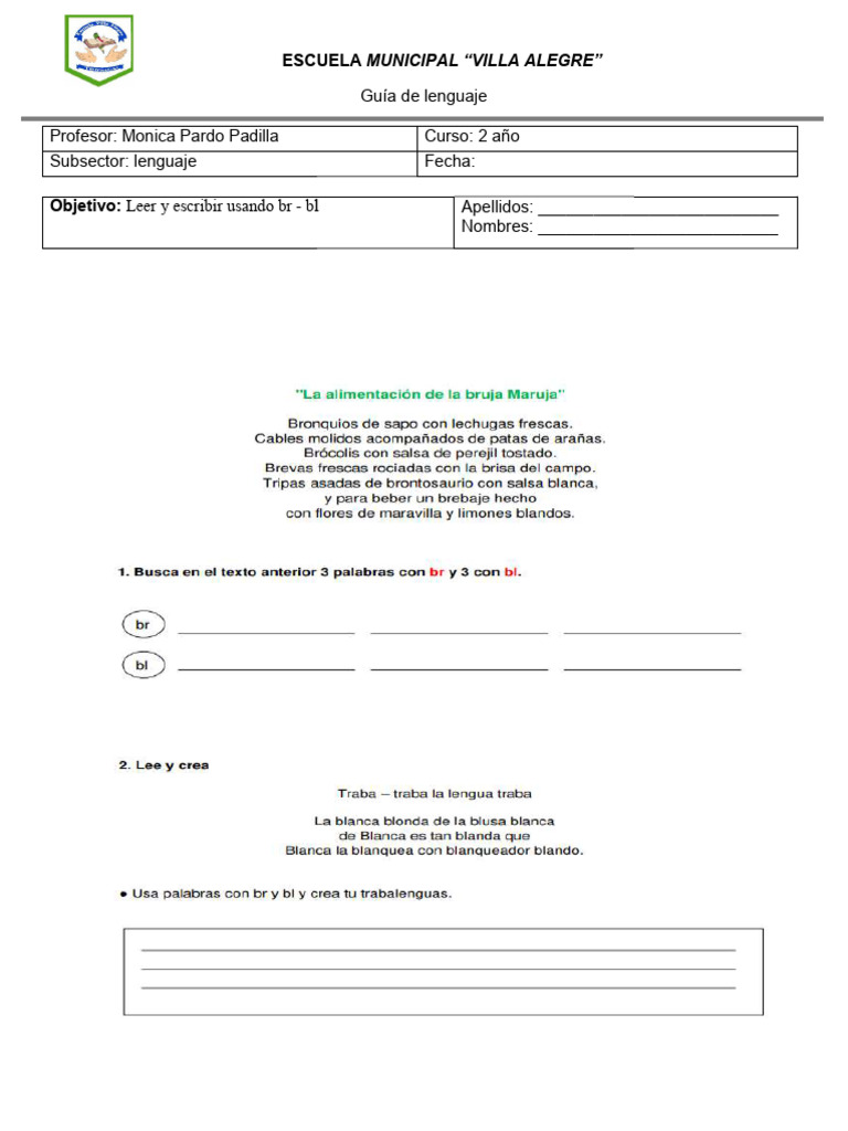 Guia Lenguaje 2do Basico Uso de BR BL | PDF