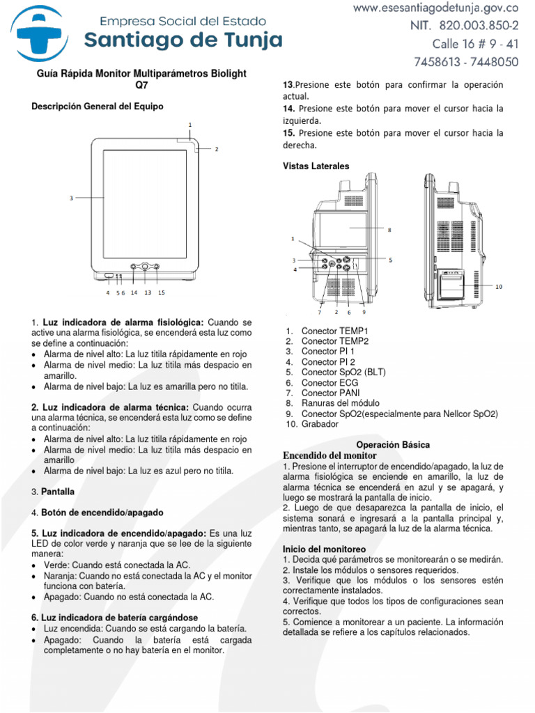 Guía Rápida Monitor Multiparámetros Biolight Q7 | PDF | Monitor de ...