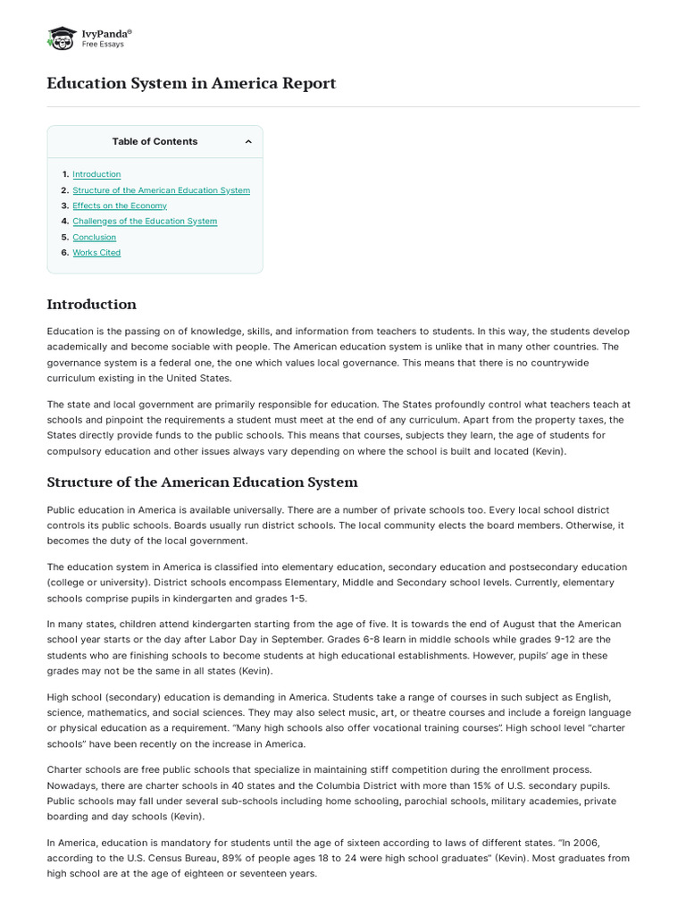 Education System in America - 1089 Words - Report Example | Download ...