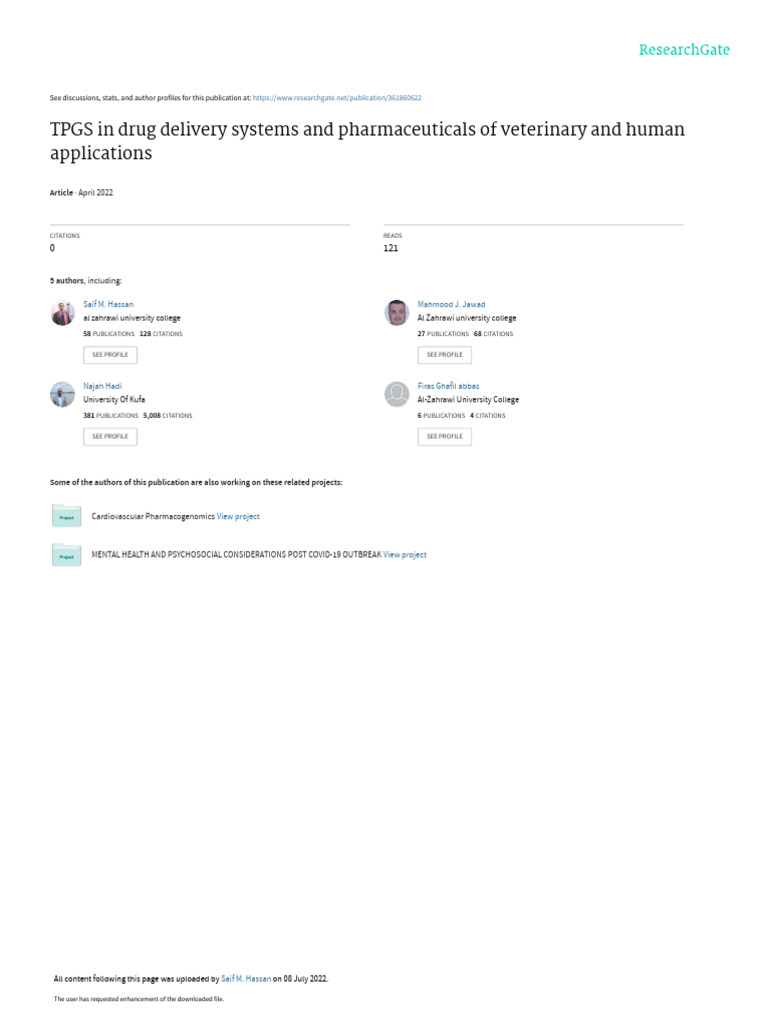TPGS in Drug Delivery Systems | PDF | Reactive Oxygen Species | Antioxidant