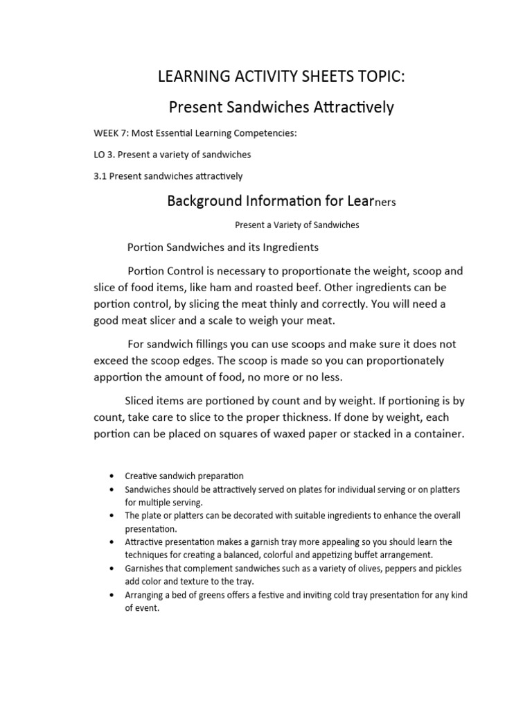 SANDWICHES Topic Portioning | PDF | Sandwich | Western Cuisine