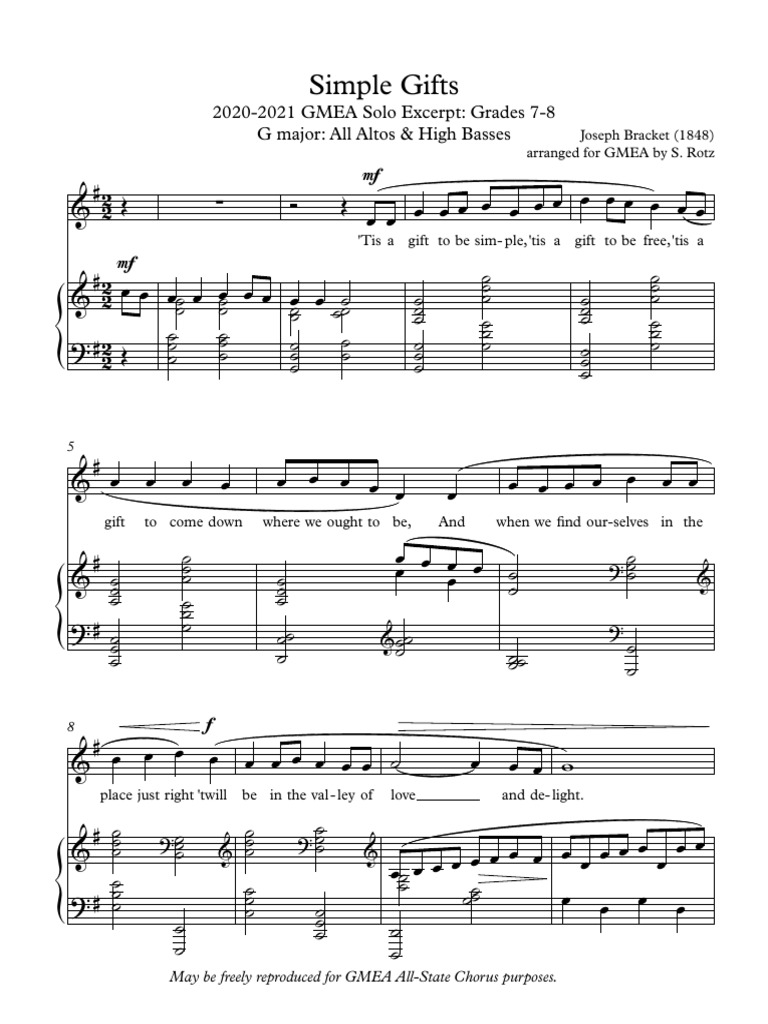 Simple Gifts - G major - all altos and high basses | PDF | Folk Songs ...