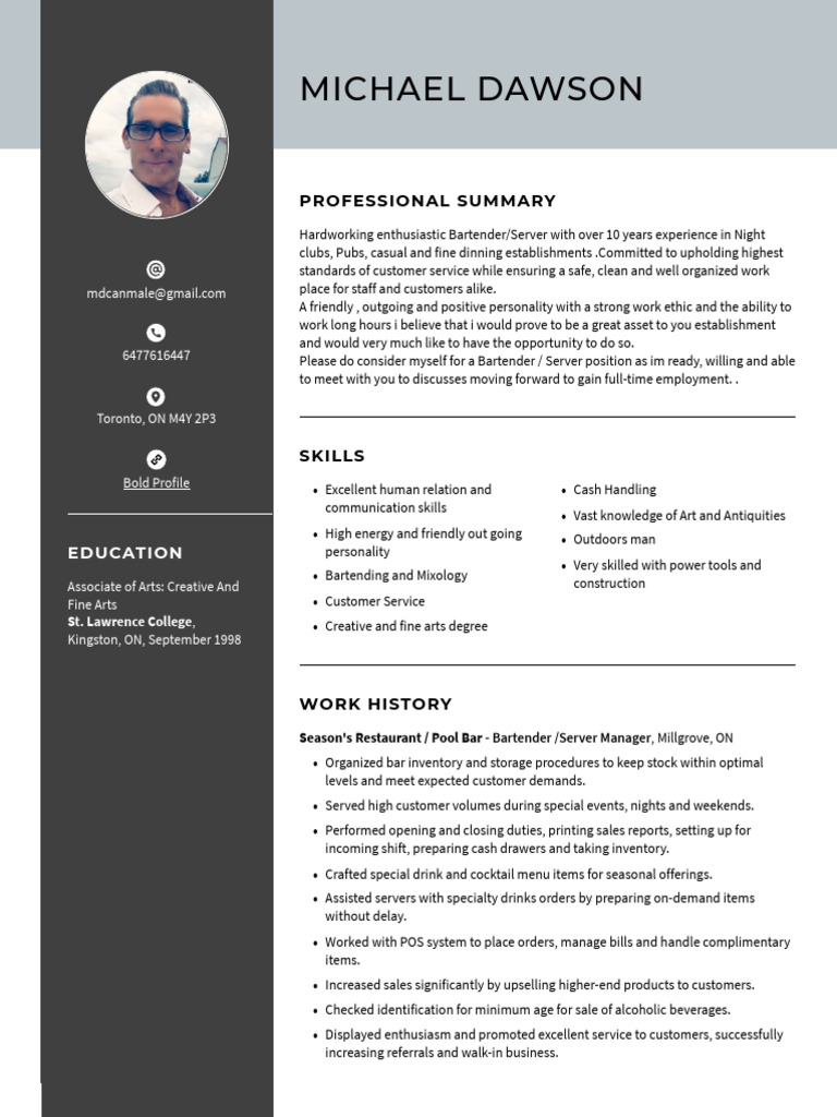 Michael Dawson Resume 123 For Play Time | PDF | Bartender | Waiting Staff