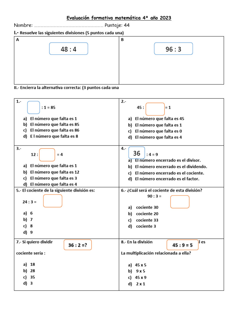 4°-básico-Matemática-Guía-de-Refuerzo-Divisiones | PDF | División ...