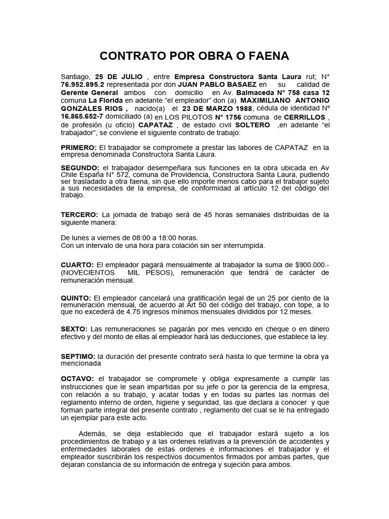 Contrato Por Obra Capataz | PDF | Salario