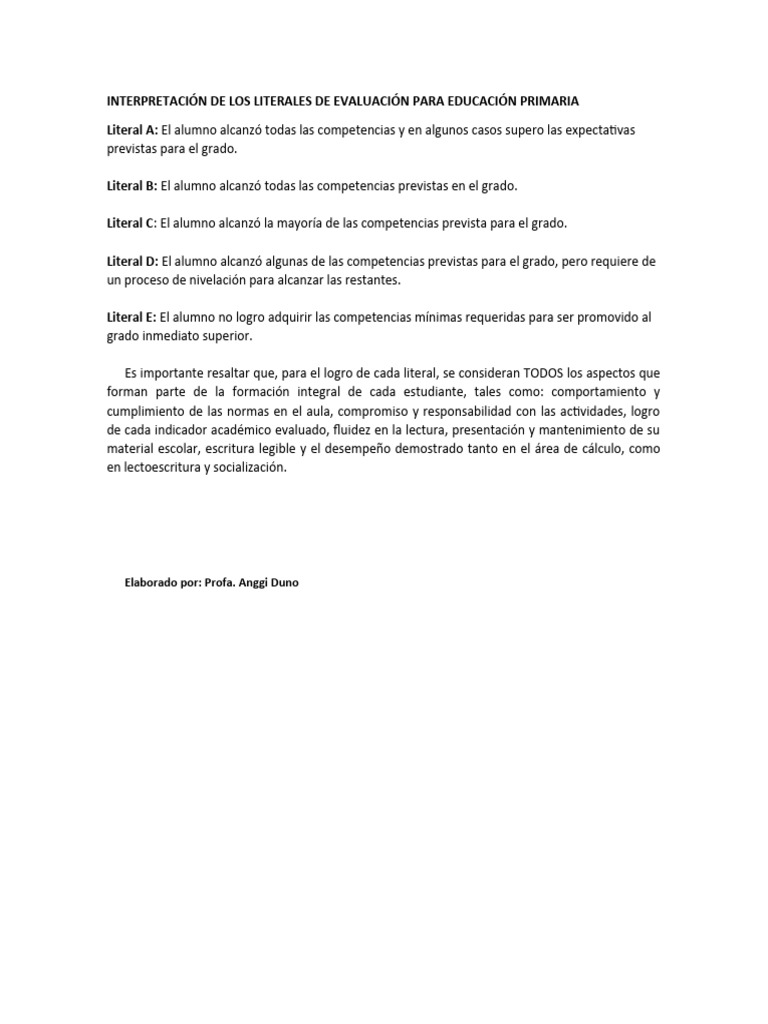 Interpretación de Los Literales de Evaluación para Educación Primaria | PDF