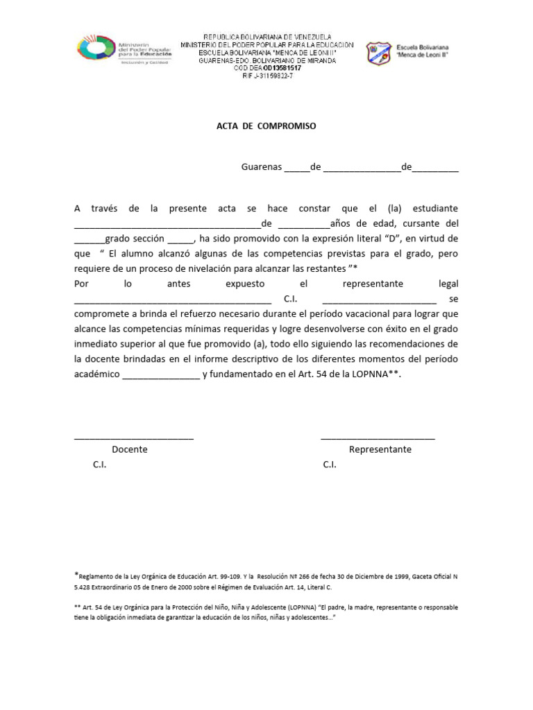 Acta de Compromiso Estudiante Con D | PDF