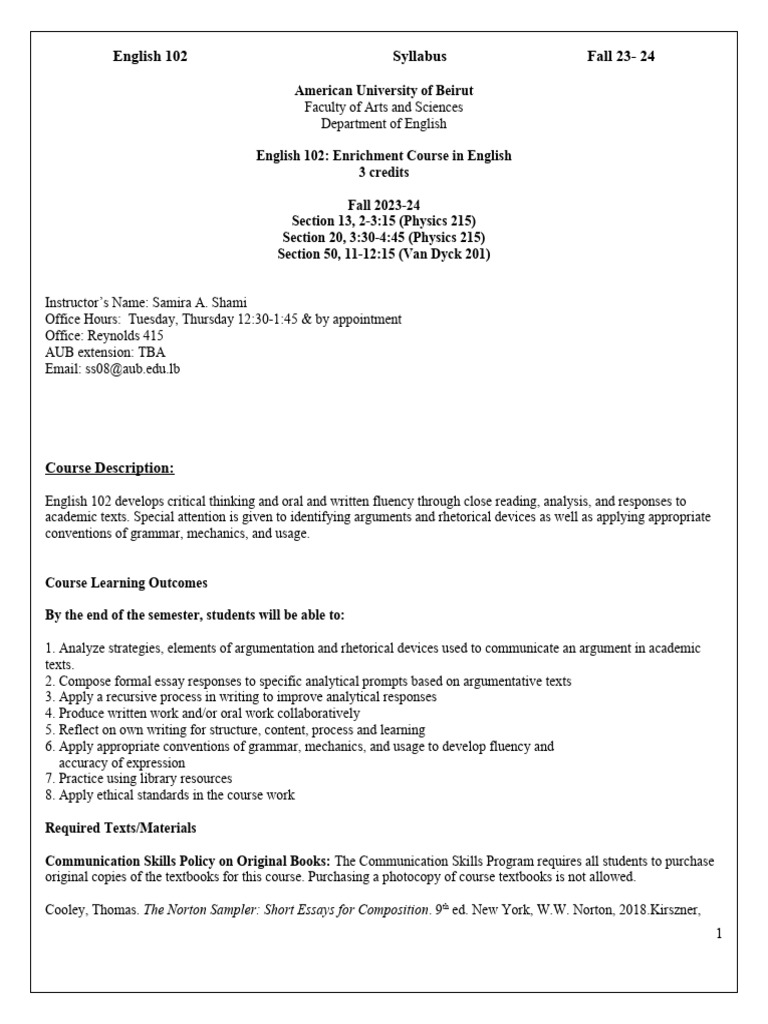Eng 102 Syllabus Fall 23-24 | PDF | Essays | Reading Comprehension