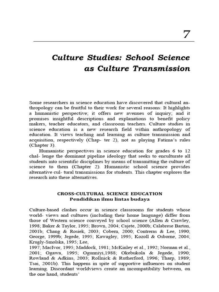 Culture Studies: School Science As Culture Transmission: Cross-Cultural ...