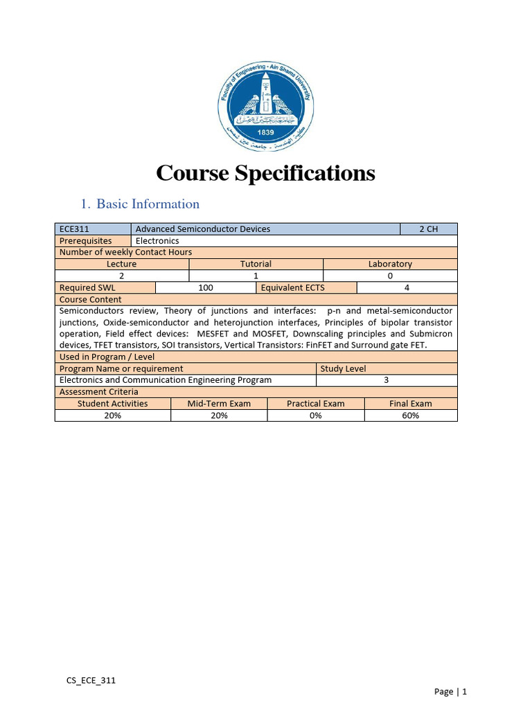 Course Specification | PDF | Transistor | Semiconductor Devices