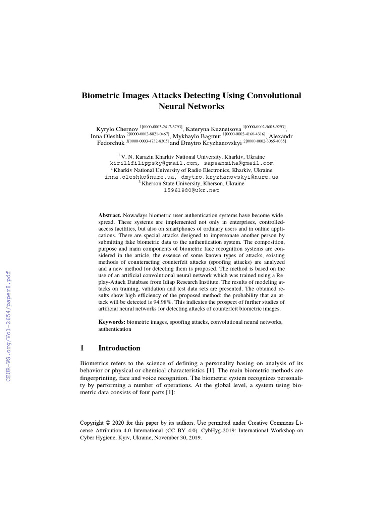 Biometric Images Attacks Detecting Using Convolutional Neural Networks | PDF