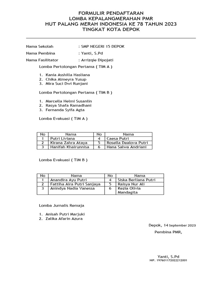 Formulir Pendaftaran Lomba PMR Libels | PDF