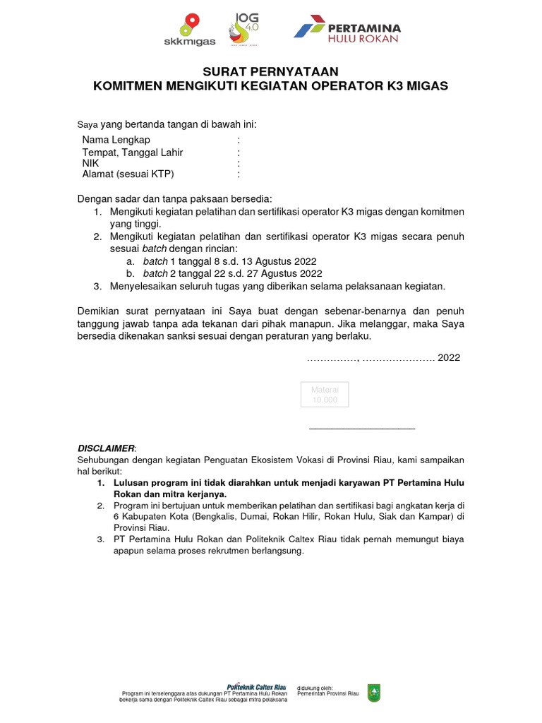 (2022) FO-05 Surat Pernyataan Komitmen Mengikuti Kegiatan (OK3 Migas ...
