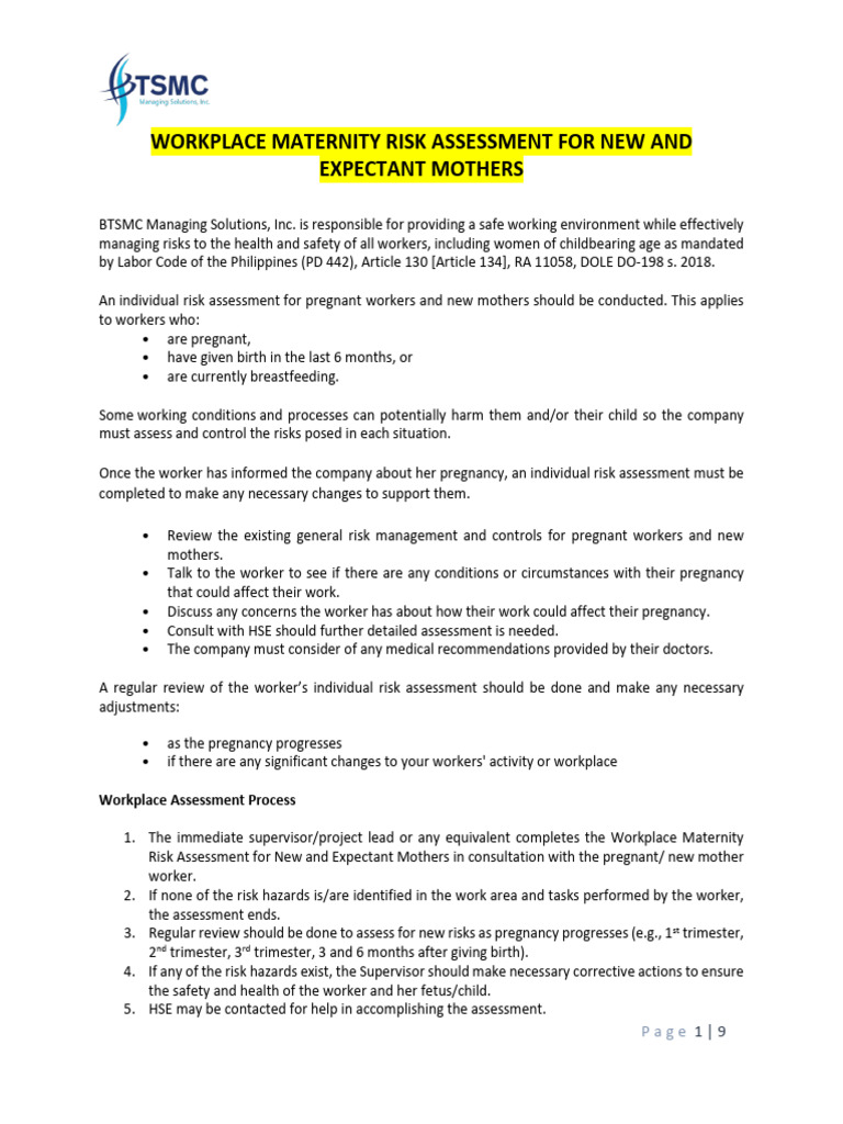 WORKPLACE MATERNITY RISK ASSESSMENT FOR NEW AND EXPECTANT MOTHERS - Rev.0 | PDF | Pregnancy | Risk