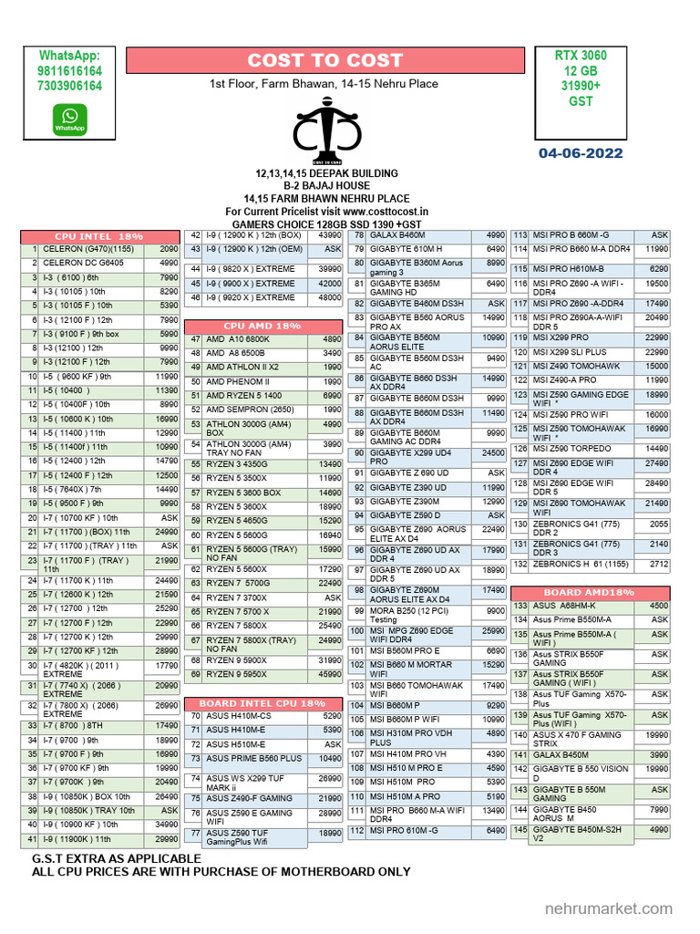 Cost To Cost Price List | PDF | Office Equipment | Electronics