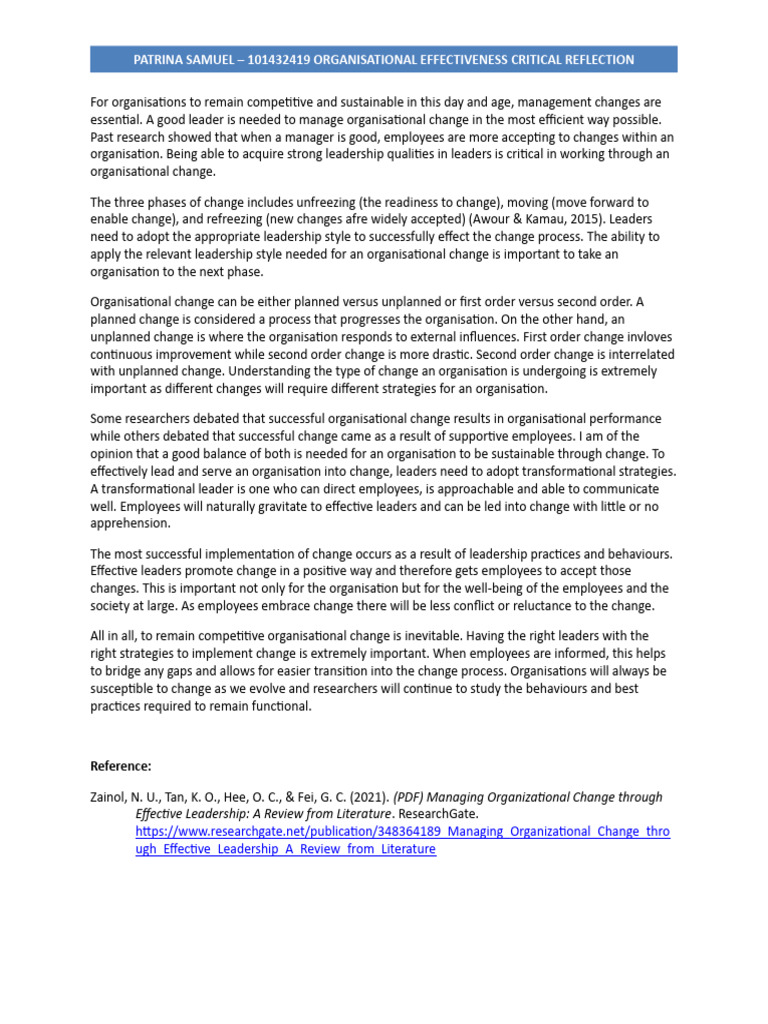 Critical Reflection | PDF | Leadership | Organizational Behavior