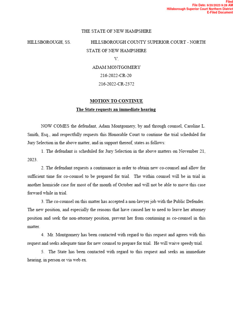 Motion To Continue Trial | PDF | Continuance | Criminal Law Motion To Continue Trial | PDF | Continuance | Criminal Law