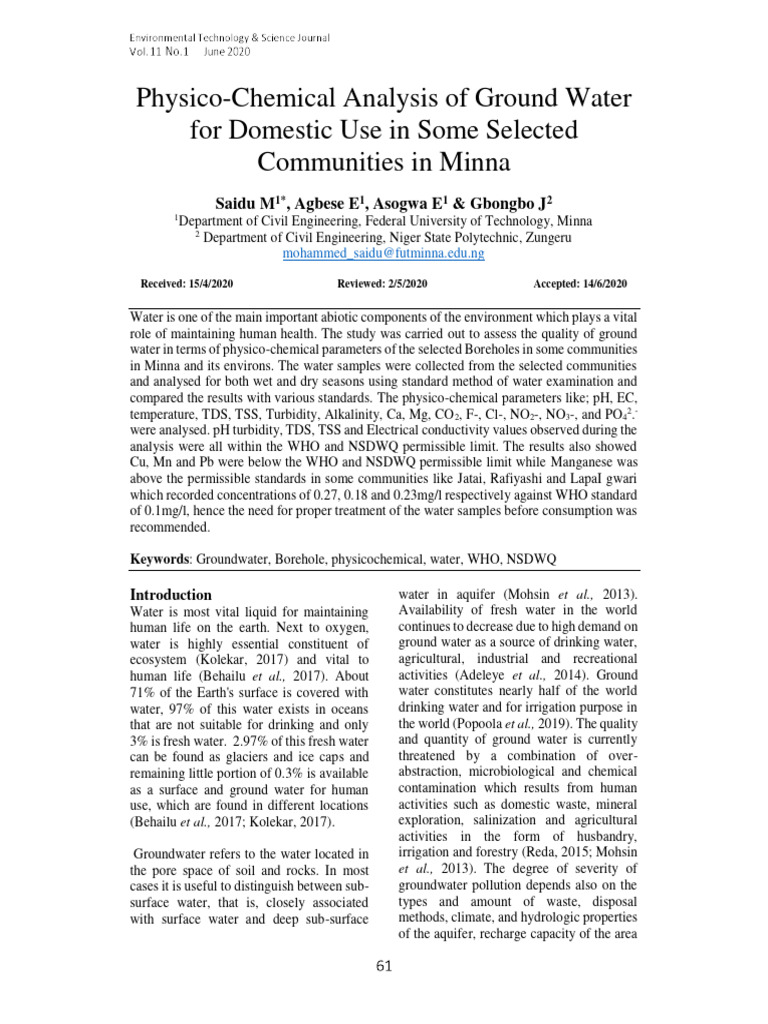 6 Physico Chemical Analysis of Ground Water For Domestic Use in Some ...