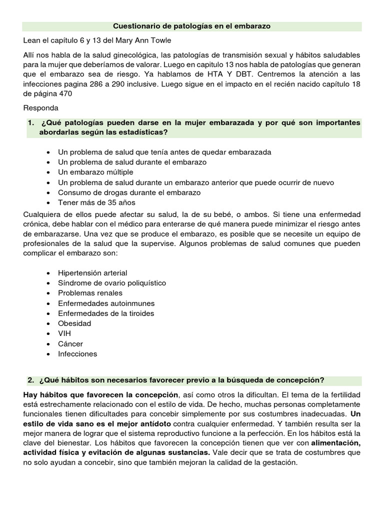 Cuestionario de Patologías en El Embarazo | Descargar gratis PDF | El embarazo | Parto