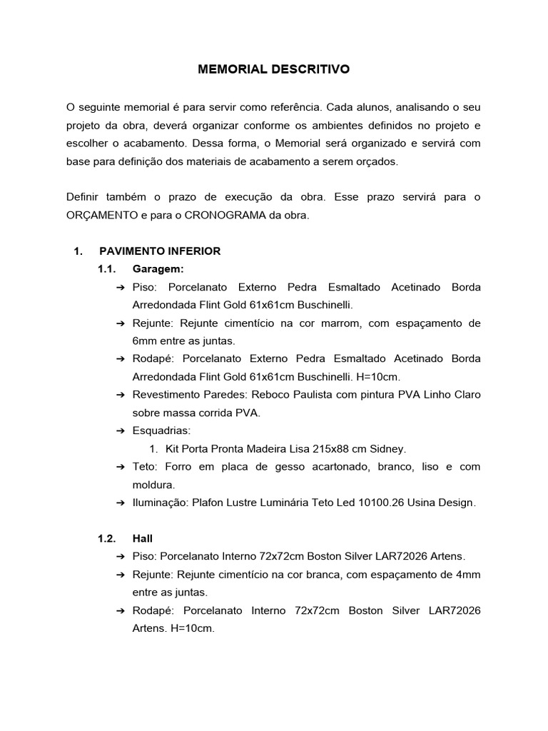 Memorial Descritivo - Modelo | PDF | Drywall | Chuveiro