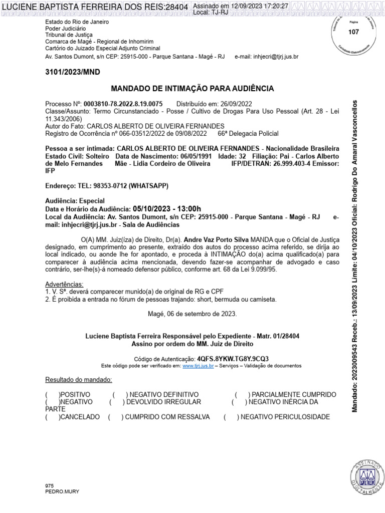 3101/2023/MND Mandado de Intimação para Audiência | PDF | Prática ...