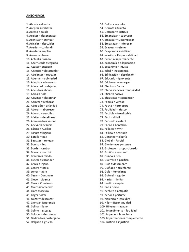 Antónimos y Sinónimos en Español | PDF