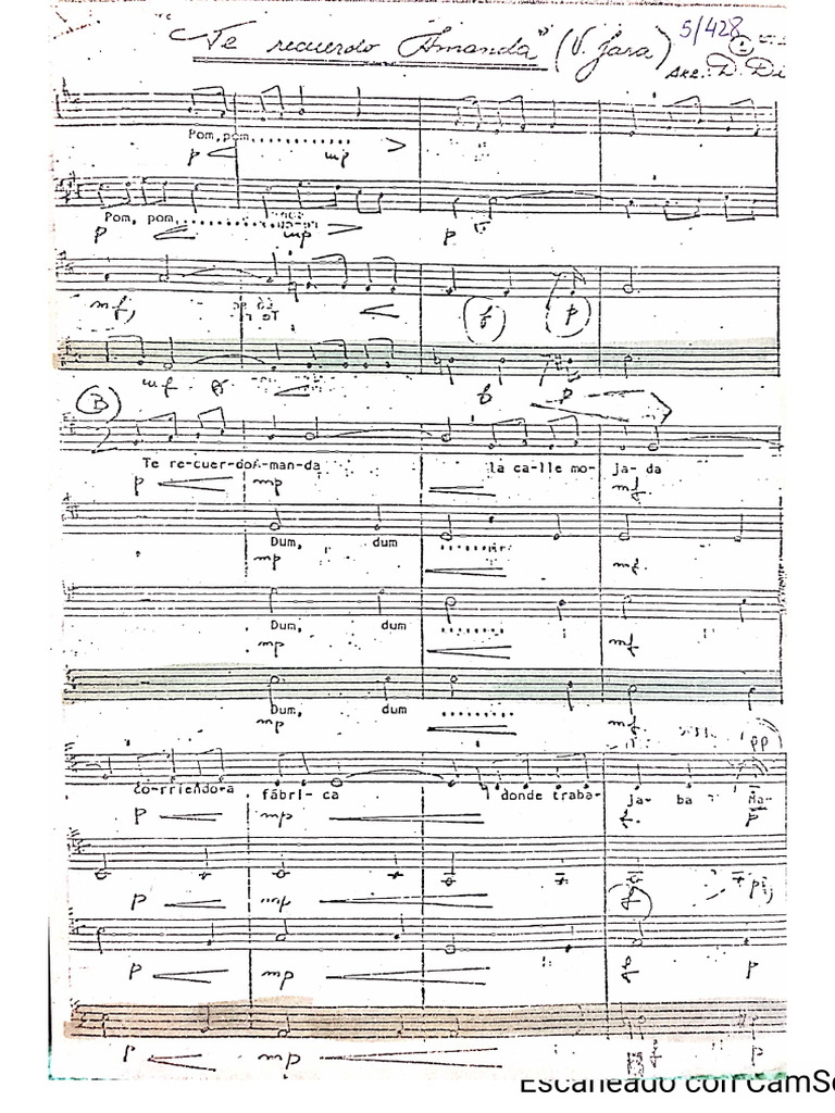 Partitura para 4 Voces de Te Recuerdo Amanda | PDF