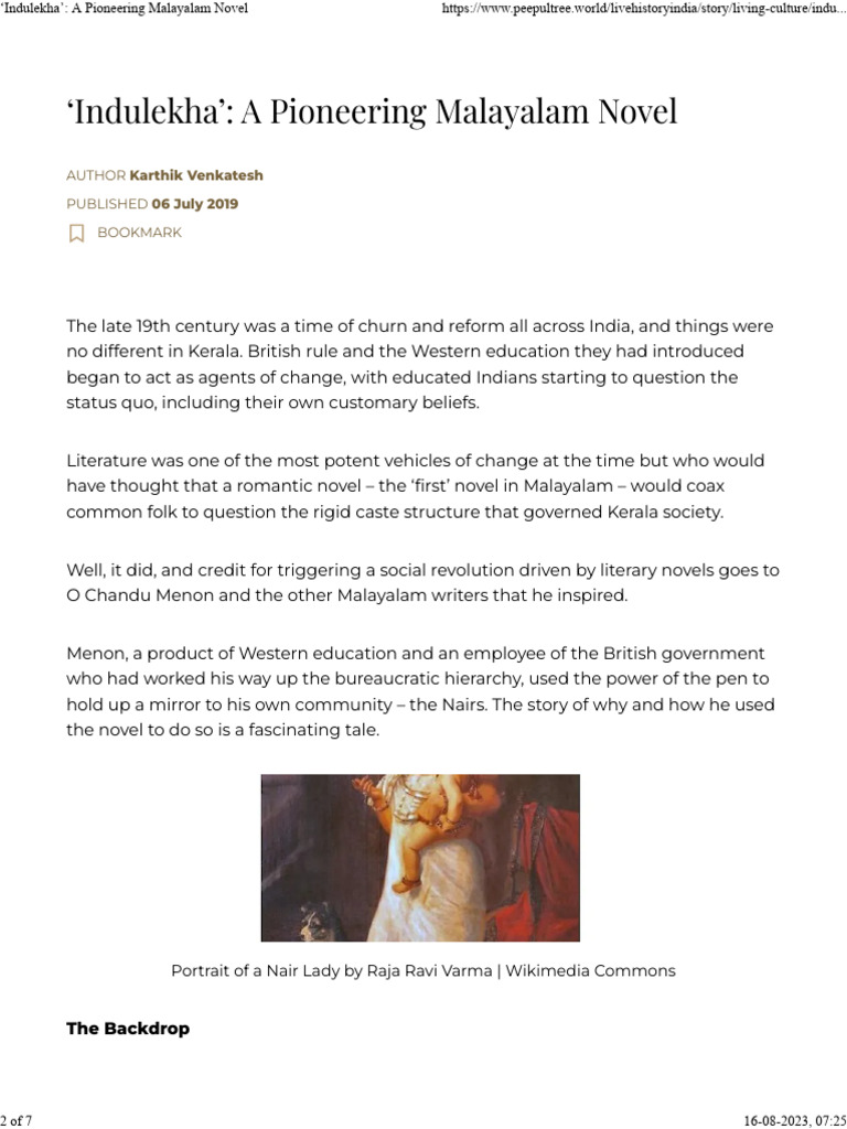 ‘Indulekha’ A Pioneering Malayalam Novel | PDF | Kerala