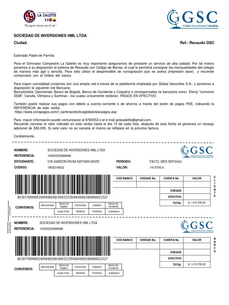 Sociedad de Inversiones HML Ltda Ciudad. Ref.: Recaudo GSC | PDF | Bancos | Sector privado